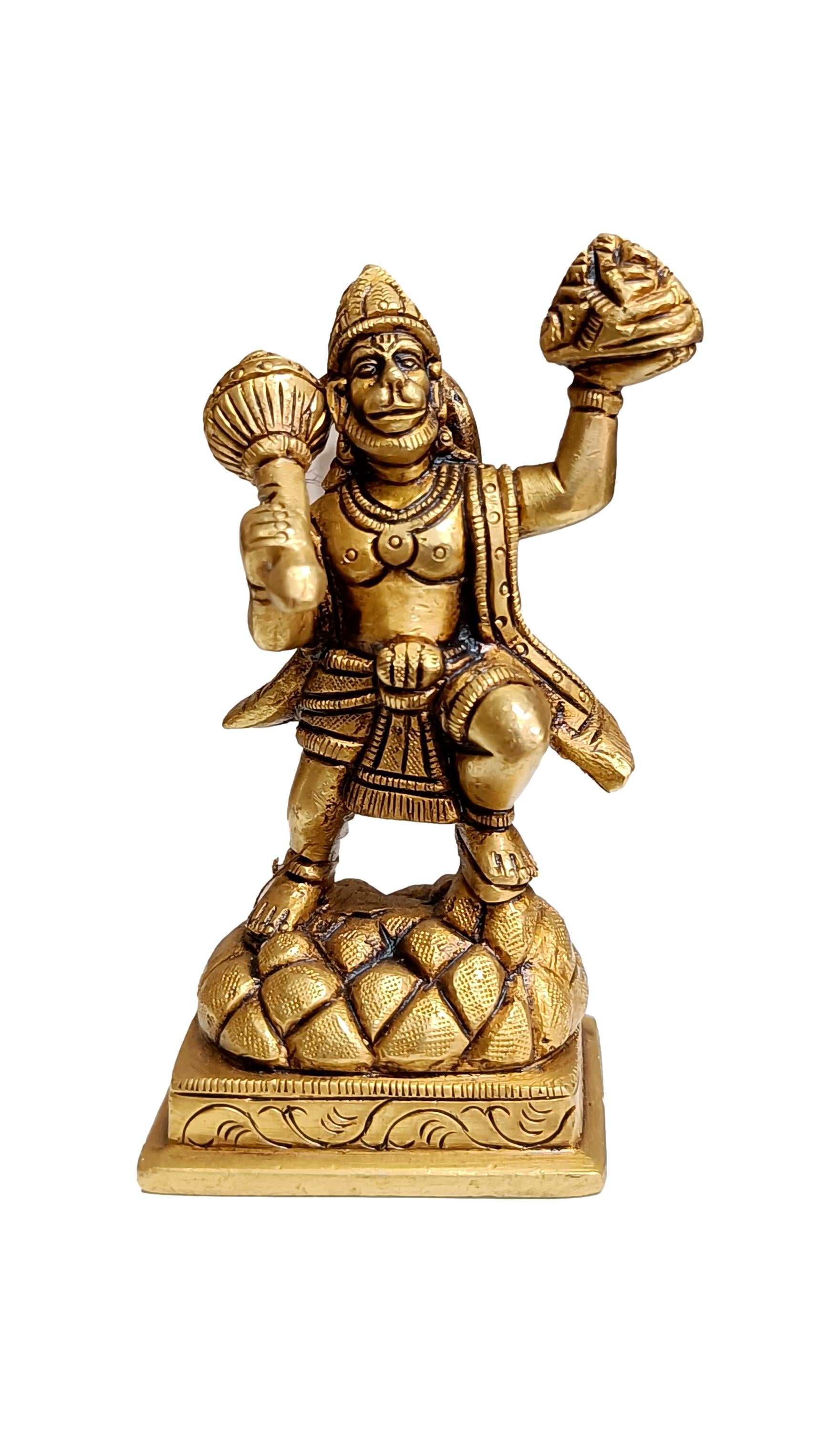Brass Hanuman Carrying Sanjeev Mountain,4 Inches,Home Altar, Gifts,Decor