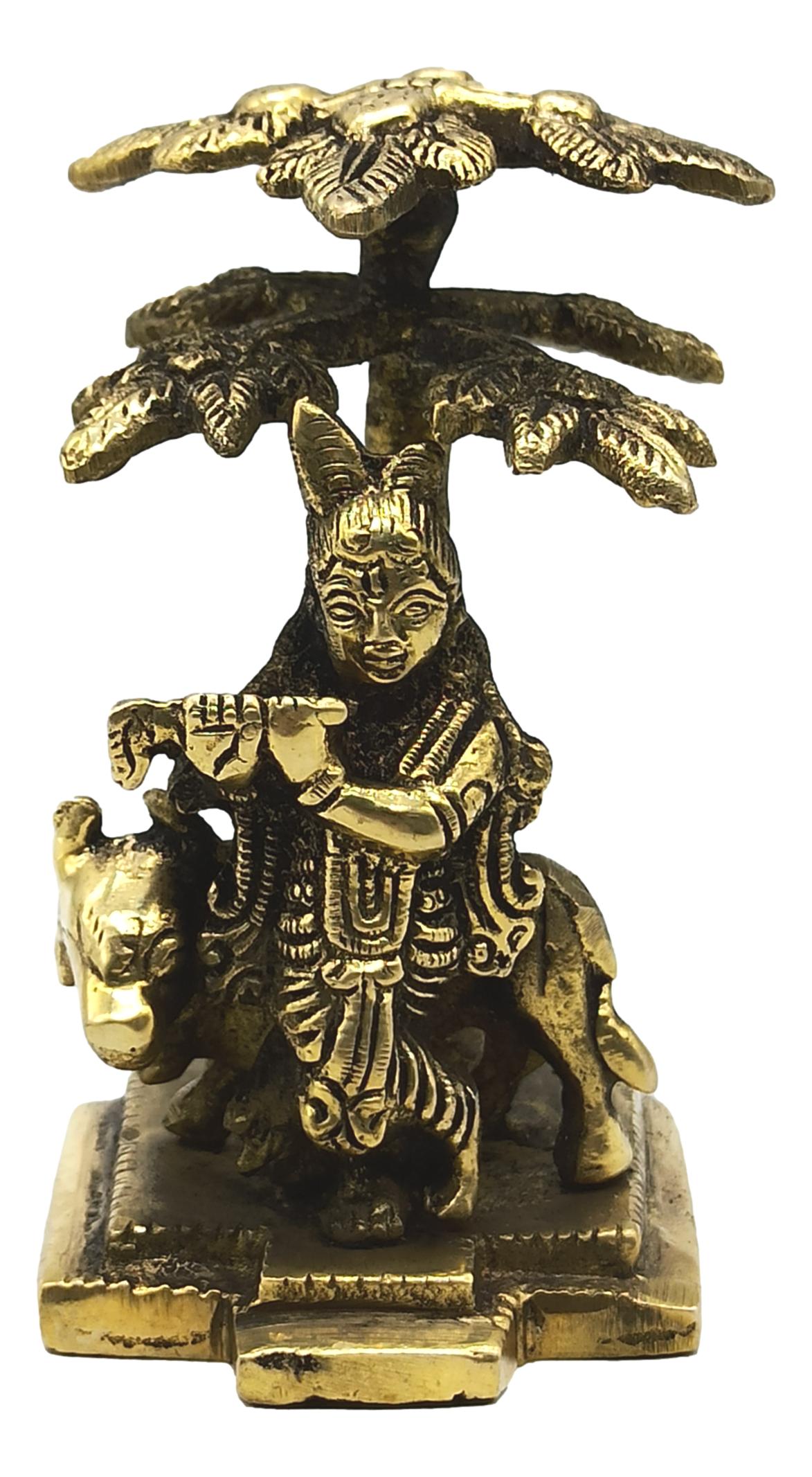 Brass Flute Krishna under Tree with Cow,For Gift,Altar,Decor